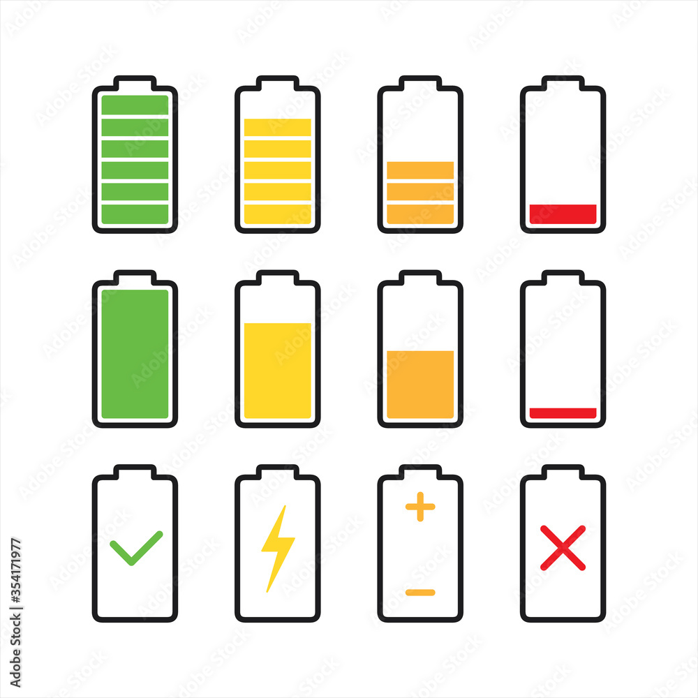 Black battery charge indicator icons in gauge level status, simple ...