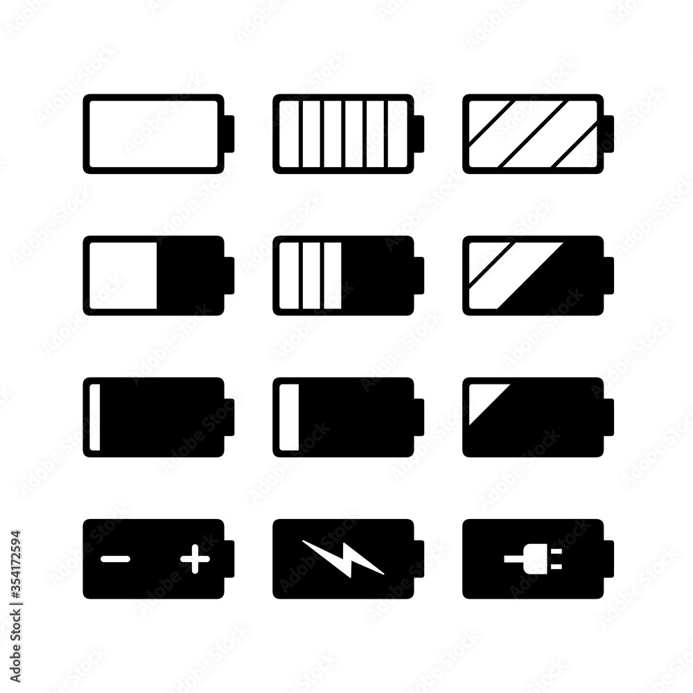 Black battery charge indicator icons in level status, simple shape ...