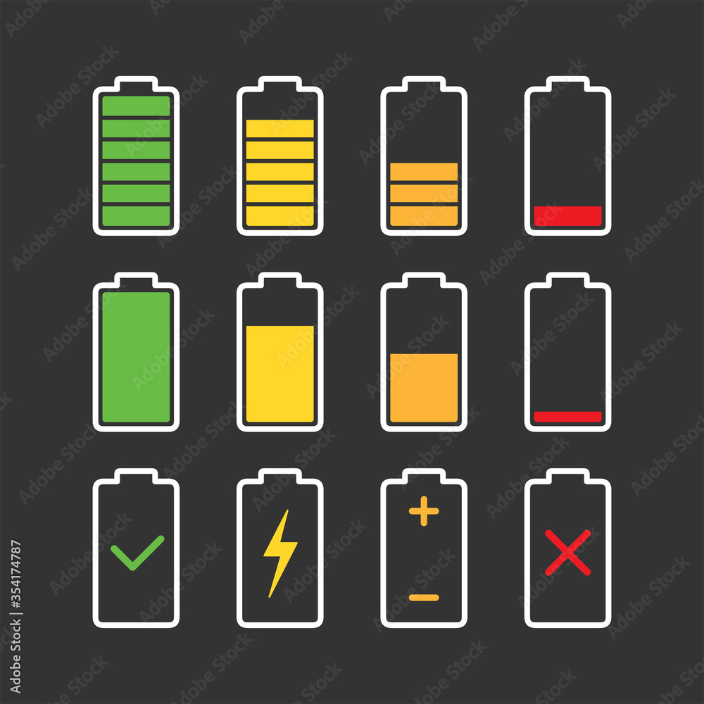 White battery charge indicator icons in gauge level status, simple ...