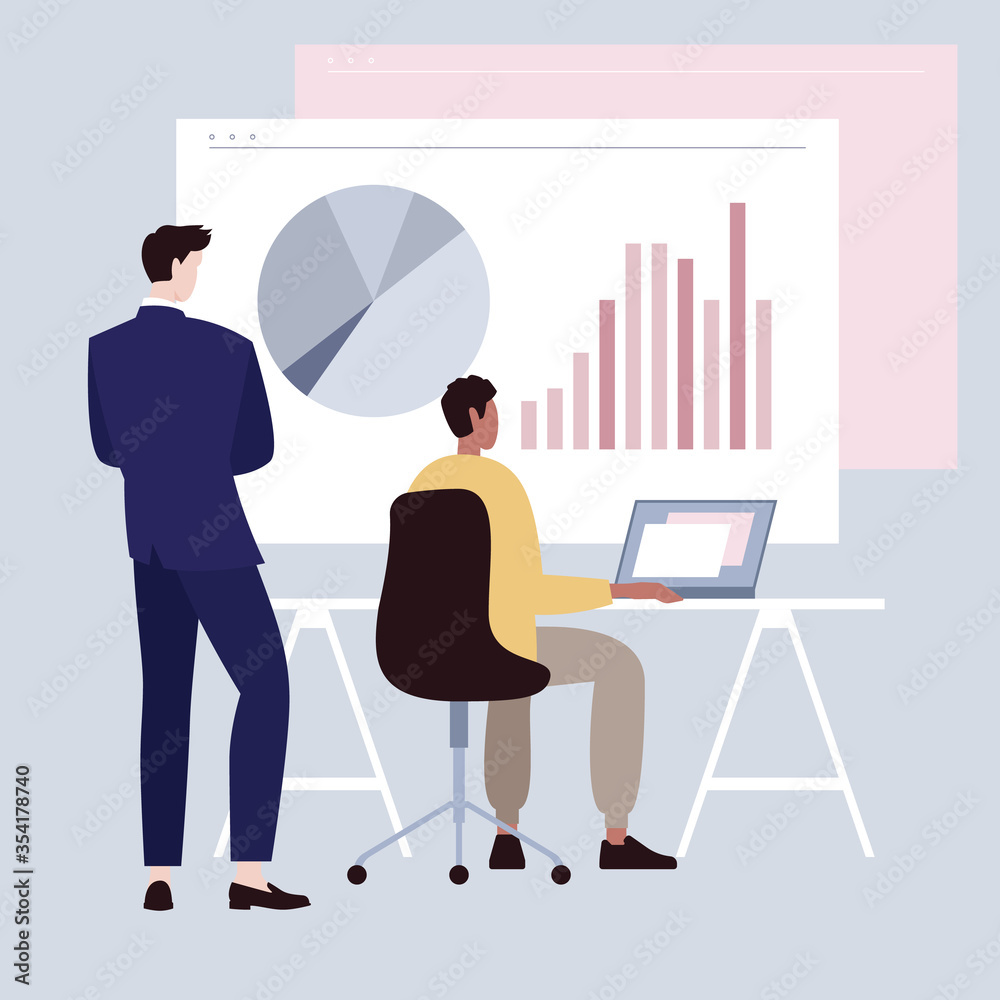 Simple flat cartoon illustration. Young man in suit watching data ...