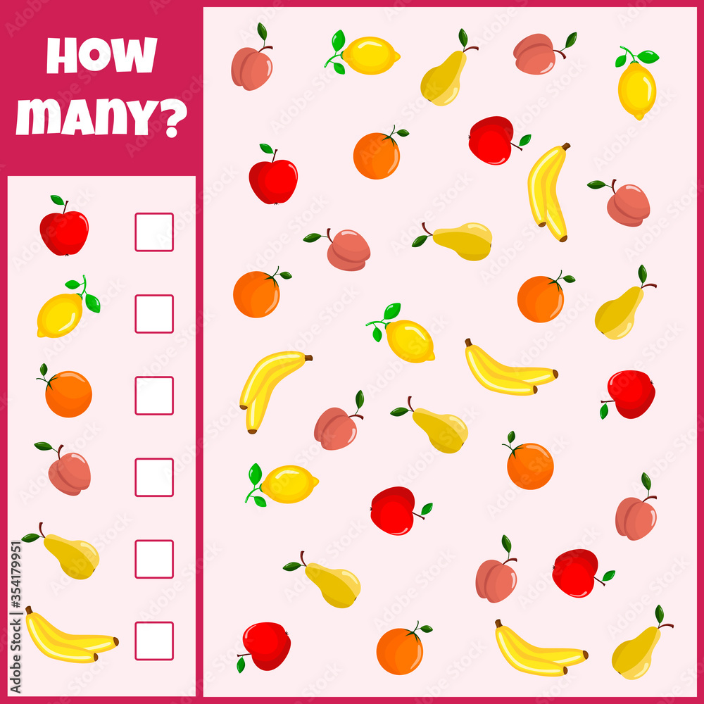 Educational mathematical game. Count the number of fruits. In the ...