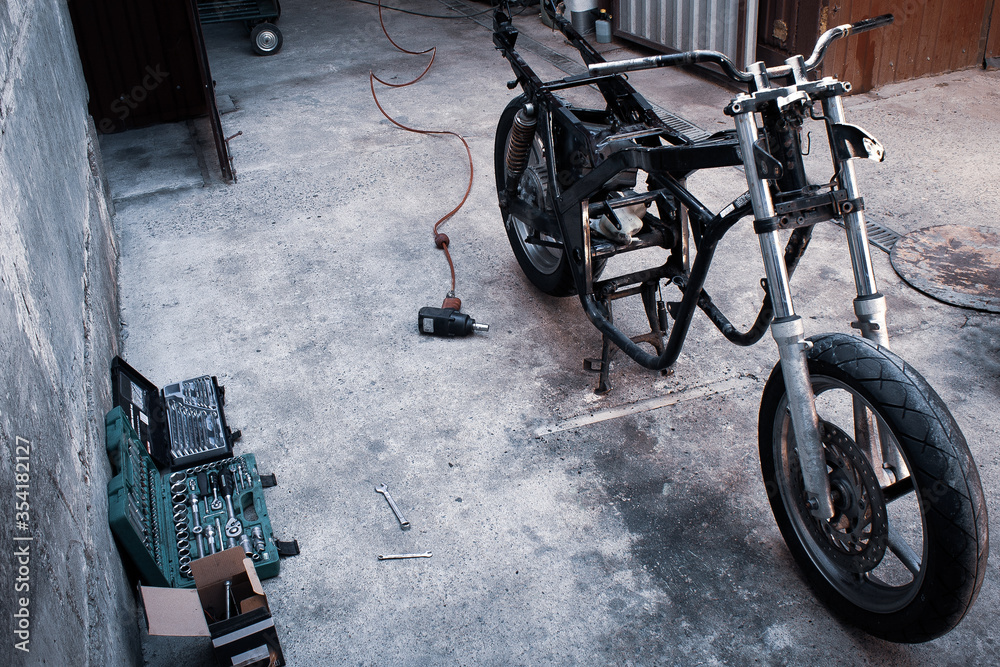 Frame of motorcycle with wheels without skin tank and motor ...