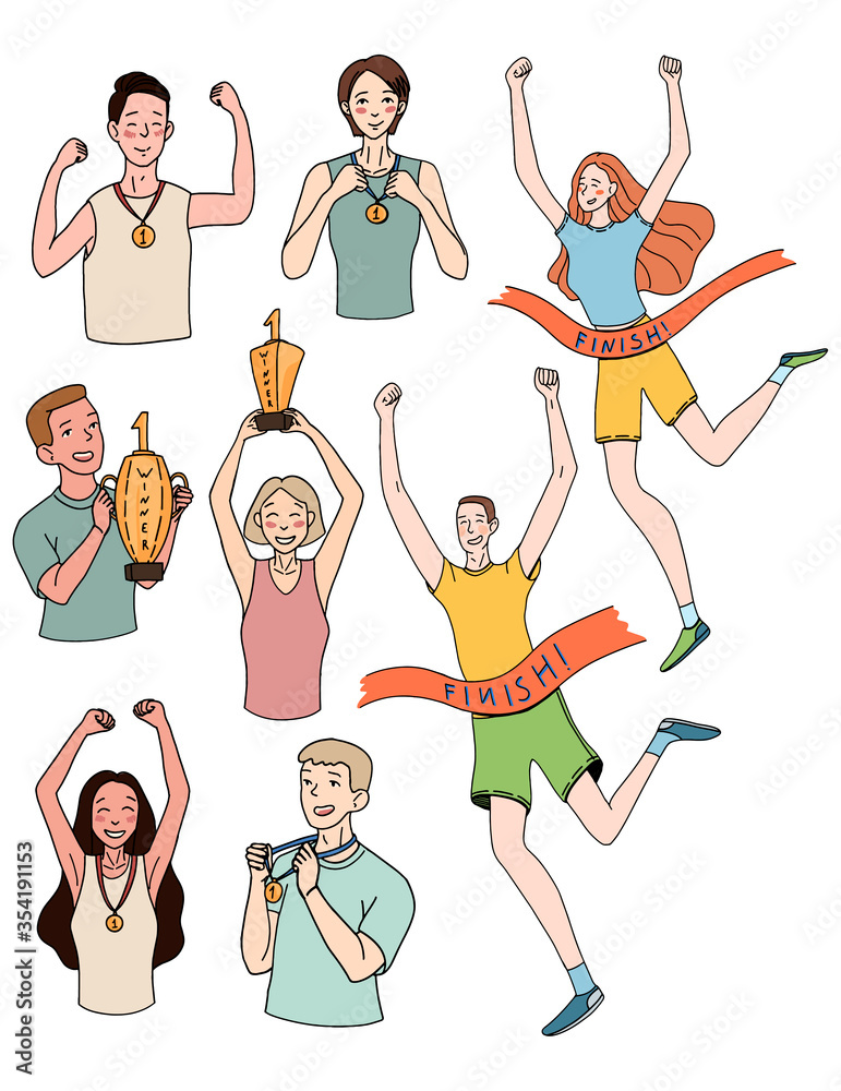 Set of hand drawn vector illustrations. Winning men and women, running ...