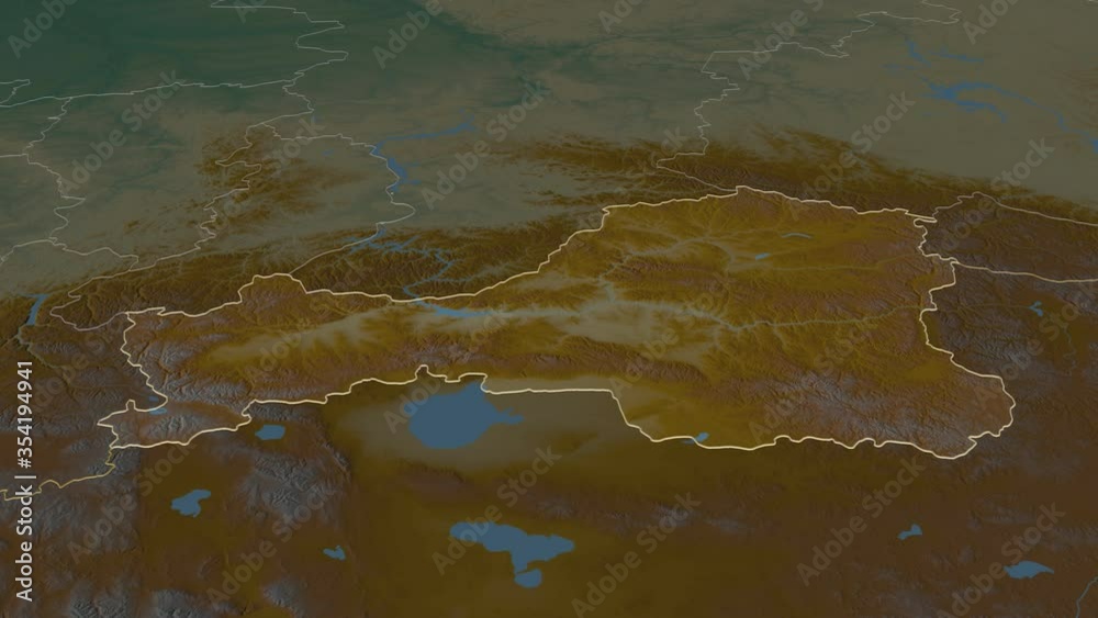 Tuva, republic with its capital, zoomed and extruded on the relief map ...