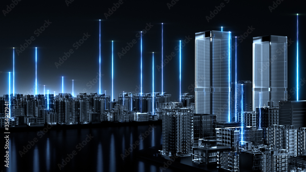 5G Futuristic technology concept. Abstract digital high tech city ...