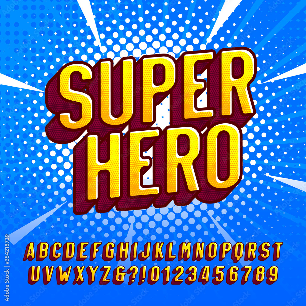 Superhero alphabet font. Letters and numbers in retro comic style ...