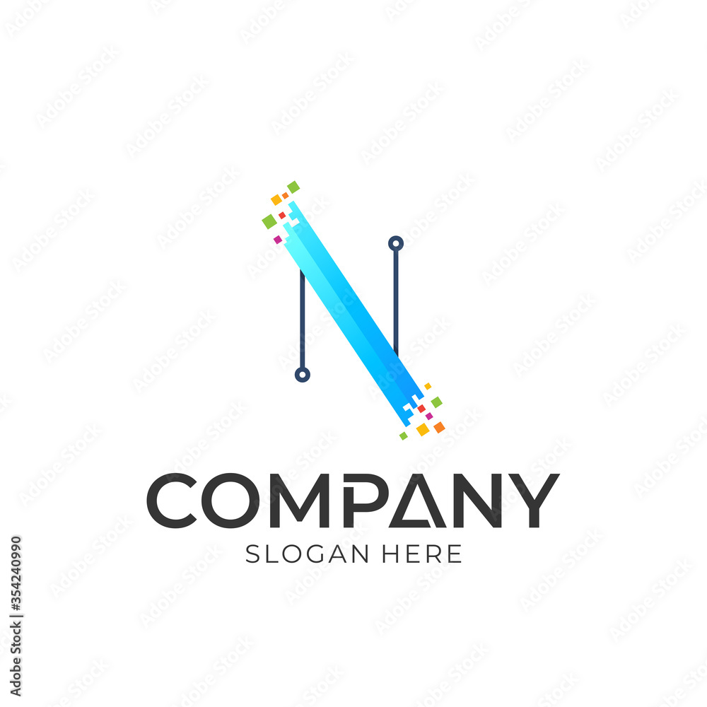 tech letter n logo design, initial letter combined with pixel shape ...