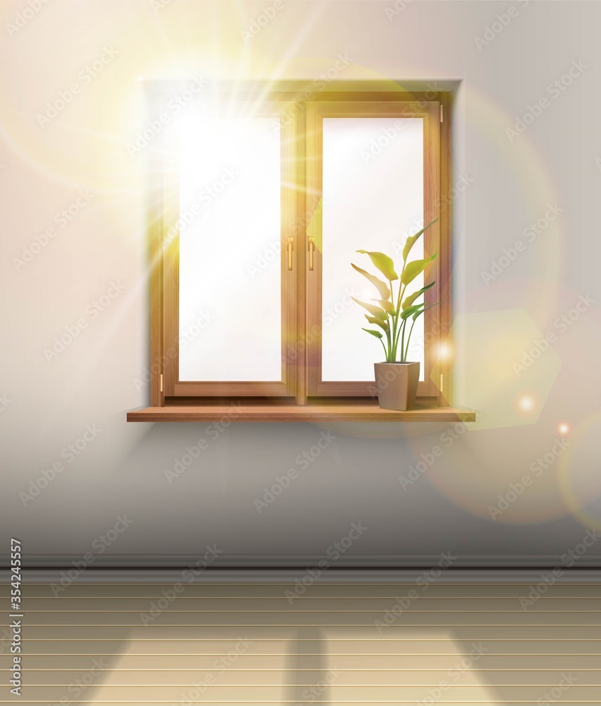 3d realistic vector interior. Wooden window with a plant and sun ...
