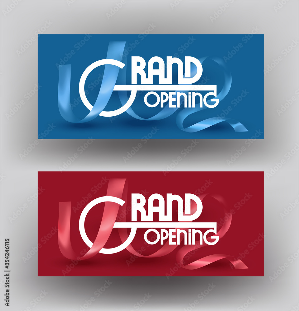 Grand opening invitation cards with realistic atlas ribbon and ...