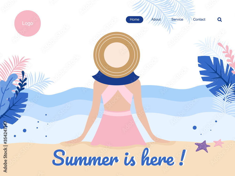 Summer is here! Summer landing page design with girl sitting on beach ...