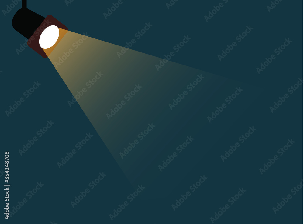 Flat Spotlight shining flat illustration. Movie spotlight on blue ...