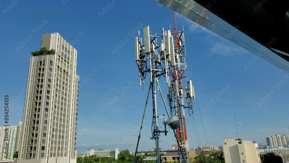 5G Cellular Transmitter and Antenna on Mast in City - Telecommunication ...