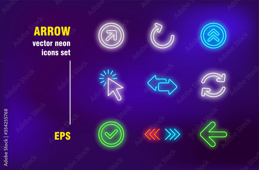 Arrows neon signs set. App interface, UI, reloading, rotation ...