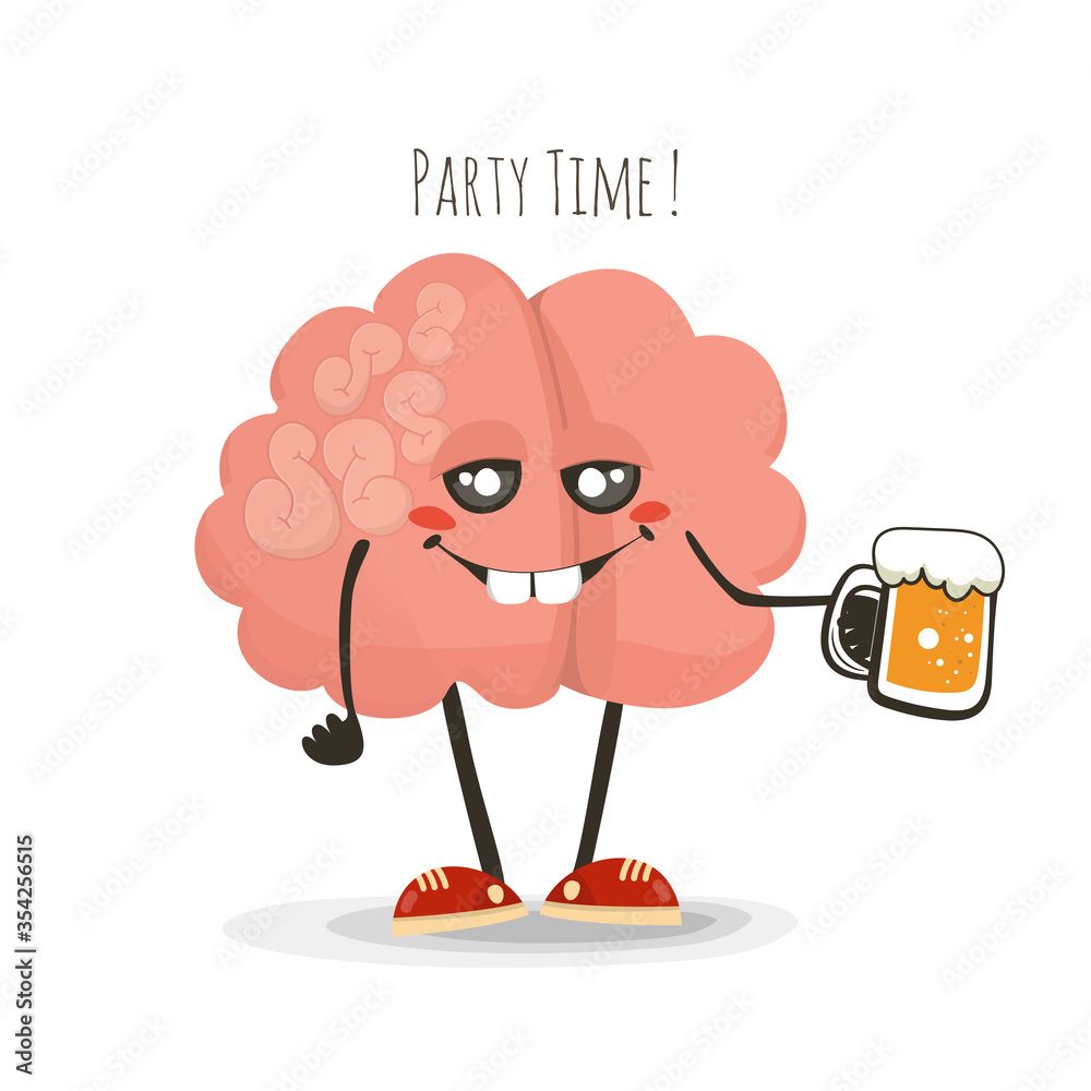 Drunk brain cartoon character, party time icon, illustration isolated ...