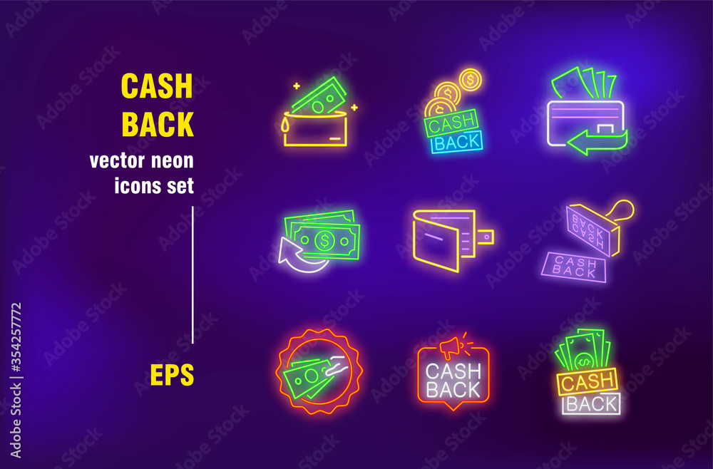 Cashback neon signs set. Money, cash, wallet, returning arrows, profit ...