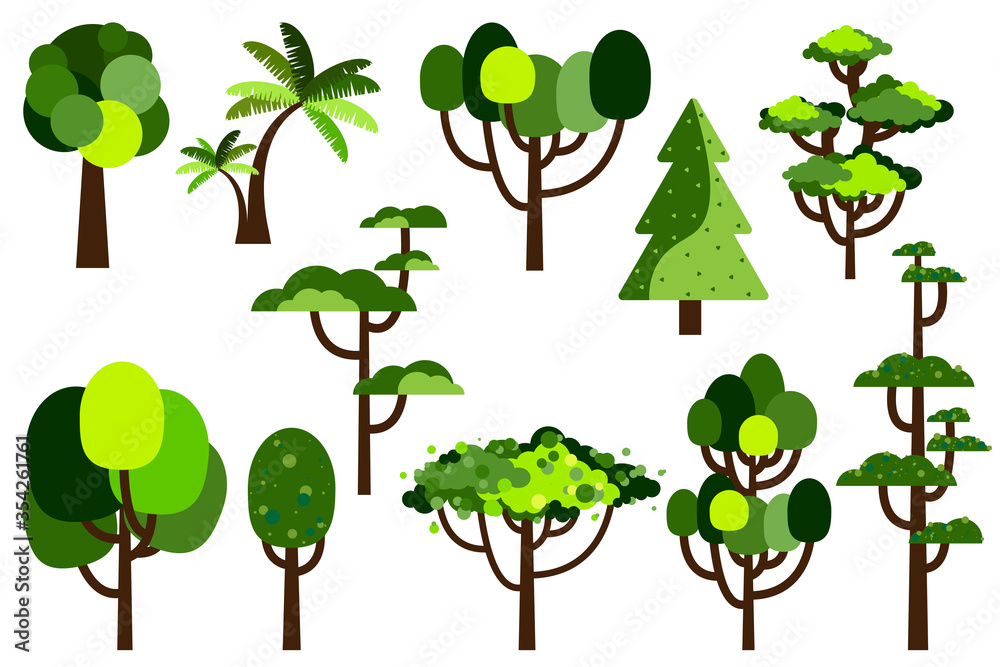 Cartoon tree. Collection of trees. Simple flat forest flora, coniferous ...