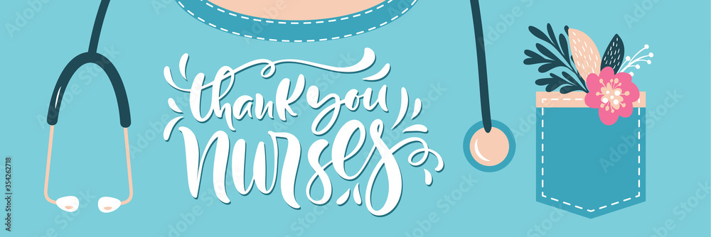 Thank you nurses lettering vector text with phonendoscope and flowers ...