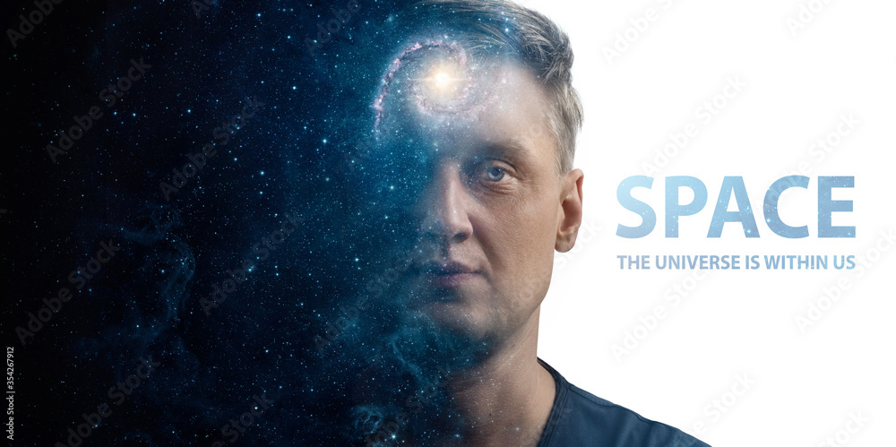Silhouette of a man with the universe as a brain isolated on white ...