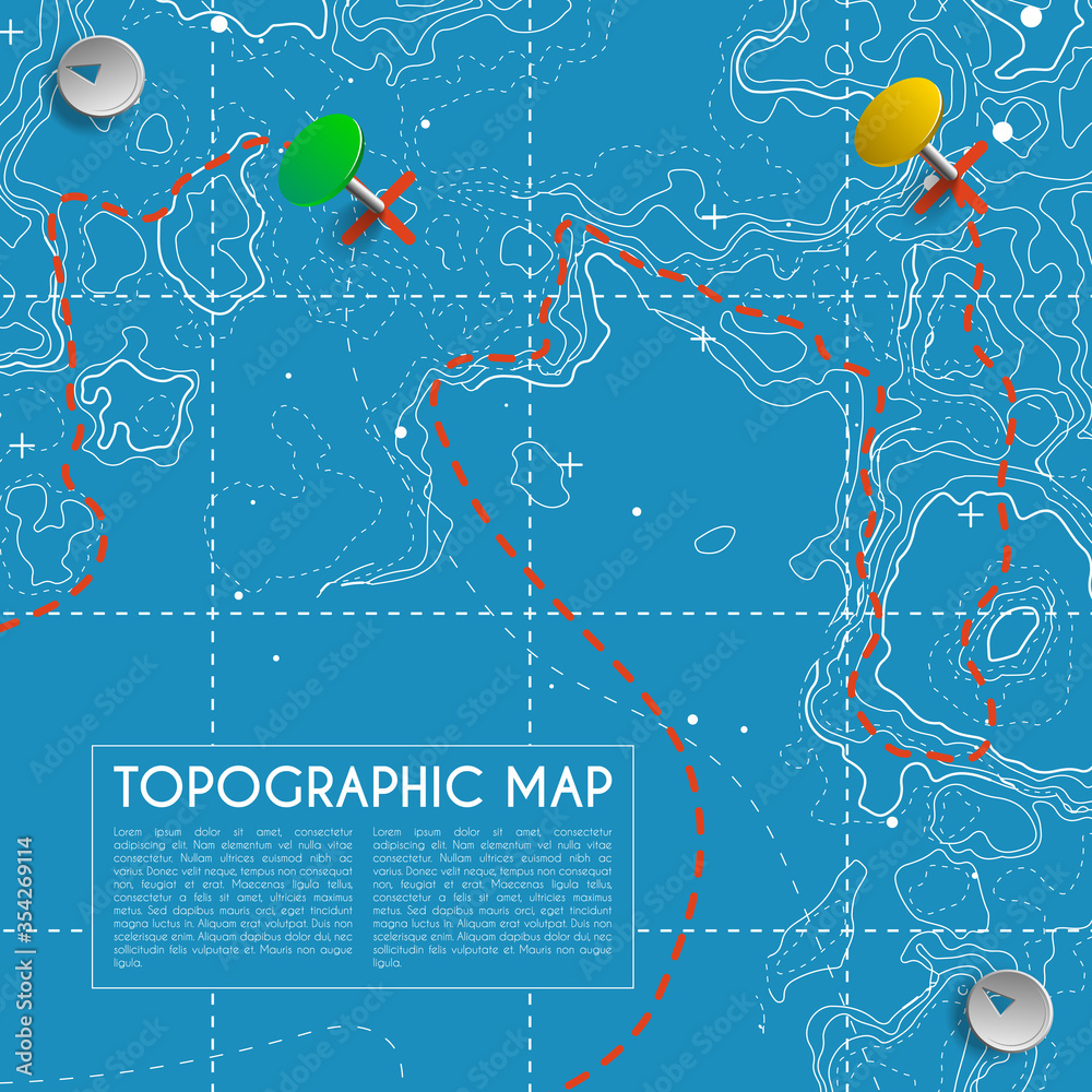 Fictional topographic map with pins and paths. Lined conceptual ...