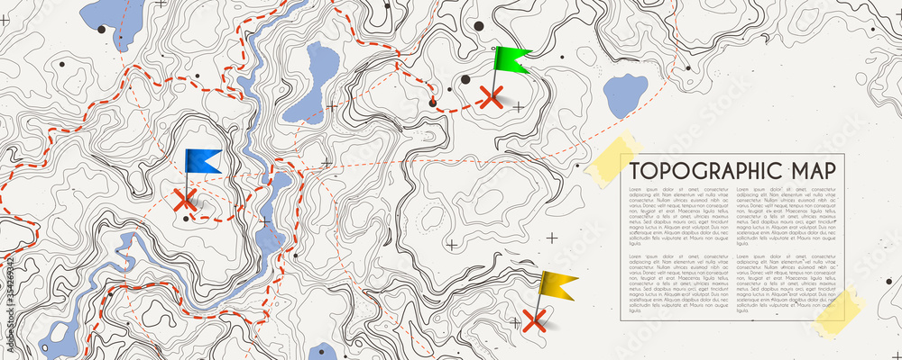 Fictional topographic map with pins and paths. Lined conceptual ...
