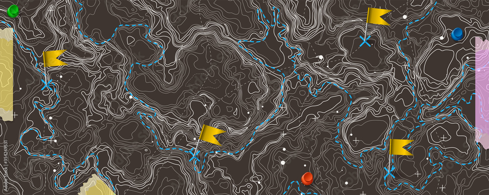 Fictional topographic map with pins and paths. Lined conceptual ...