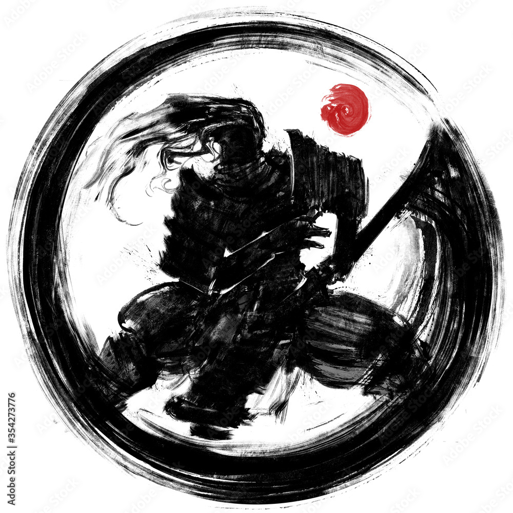 A silhouette of a samurai with a katana in Japanese armor stands ready ...