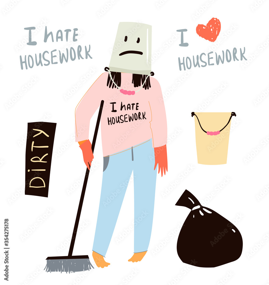 Sad and unhappy housewife, Lady cleaning house concept character design ...