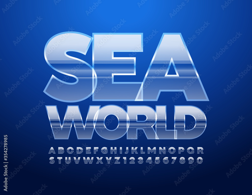 Vector glass sign Sea World Transparent style Font. Ice Alphabet ...