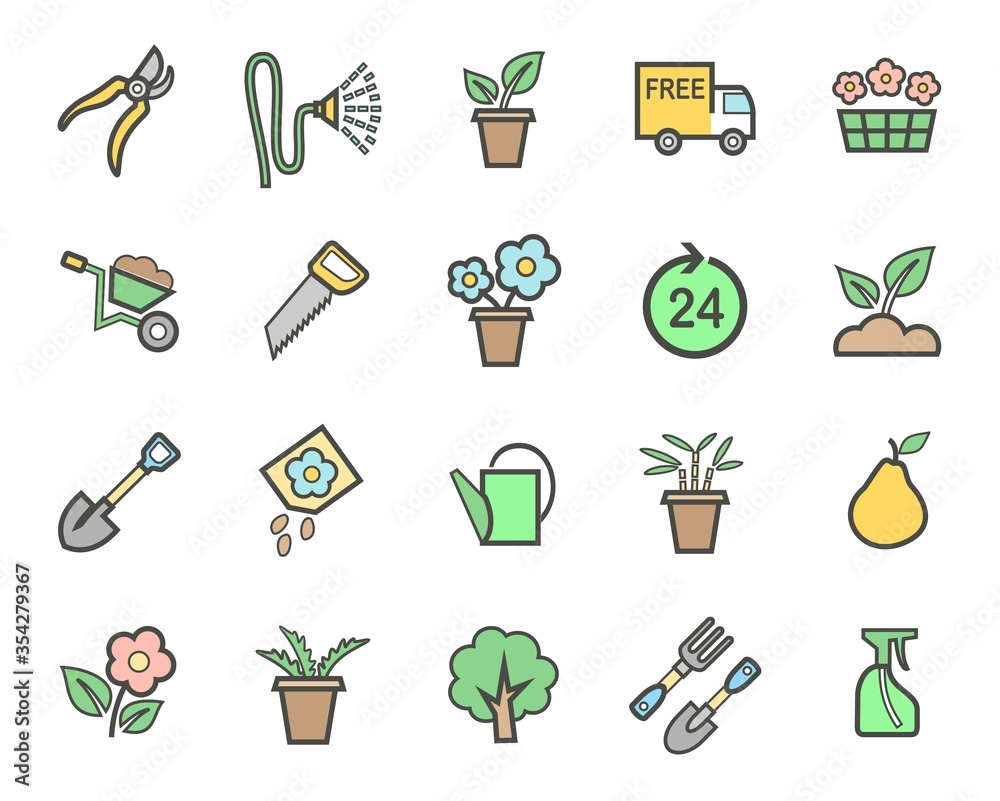 Gardening and landscaping, icons, set, color. Colored icons with a dark ...