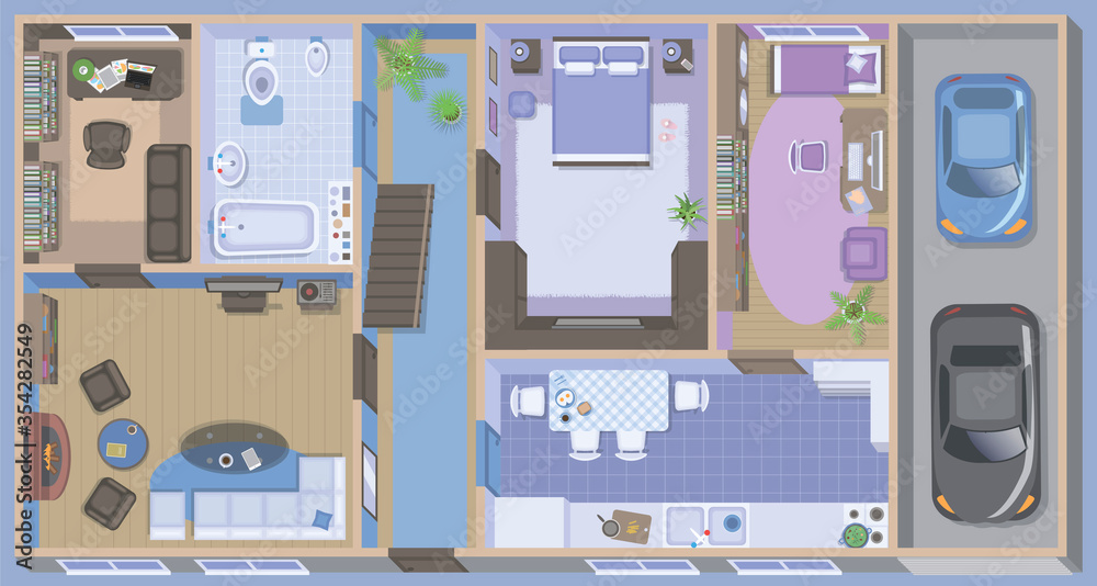 Apartment floor plan. (top view) Furnished house. (view from above ...