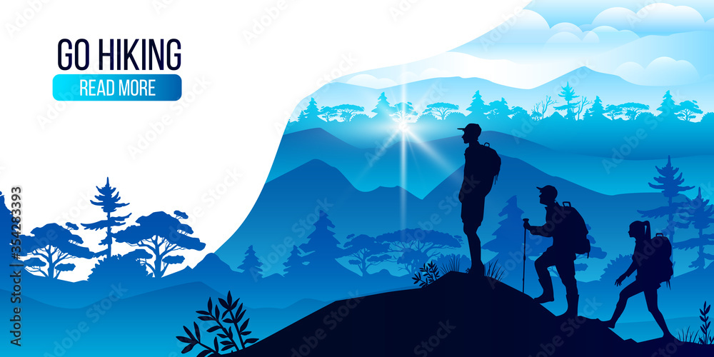 Go hiking banner with trees, hills, people silhouettes, mountains ...