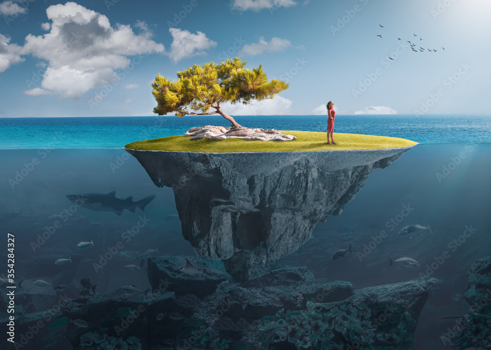 Desolate island with lone girl as freedom concept Stock Photo | Adobe Stock