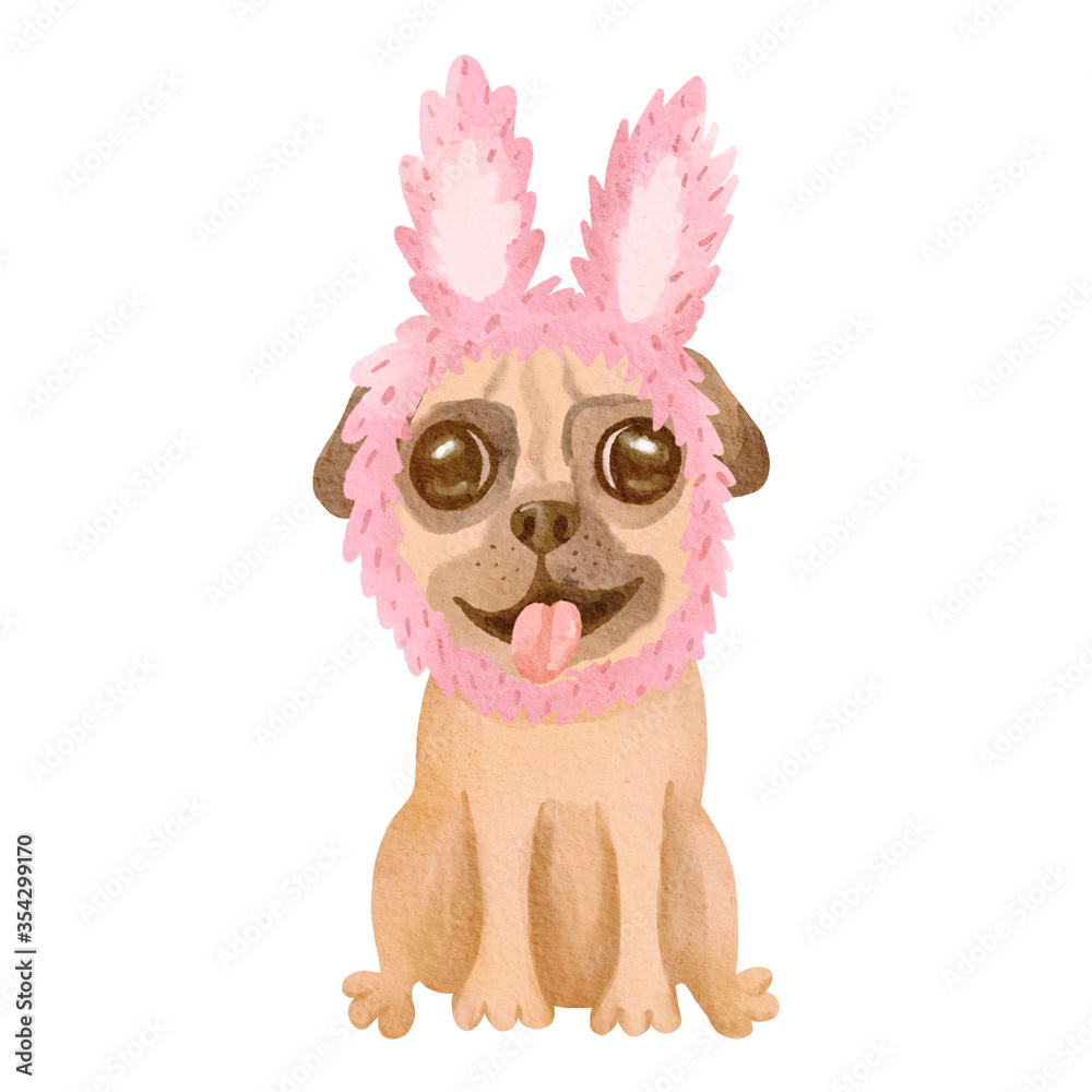 Watercolor portrait of cute Pug breed dog, with bunny ears Mops ...