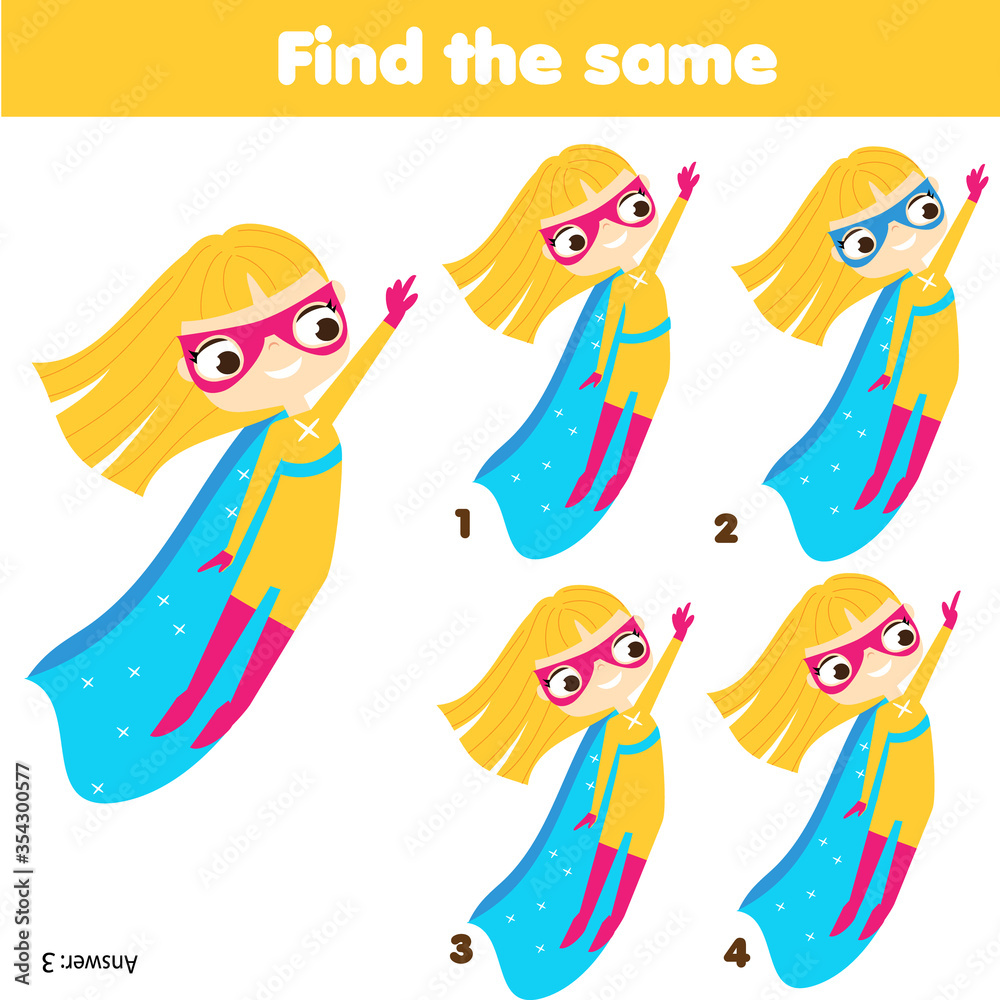 children educational game. Find the same pictures. Find two girls in ...