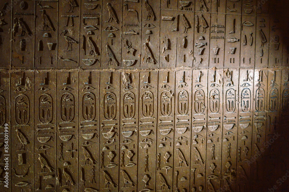 Wall carved with Ancient Egyptian hieroglyphs in repeated pattern ...