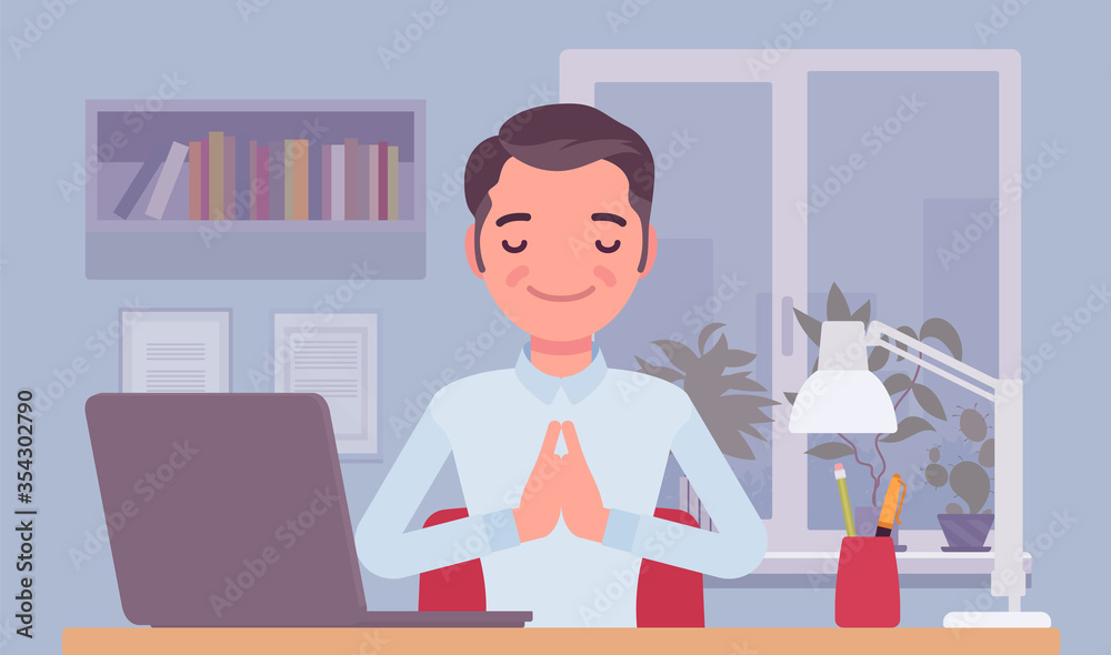 Office worker meditating to concentrate, yogi man practicing yoga at ...