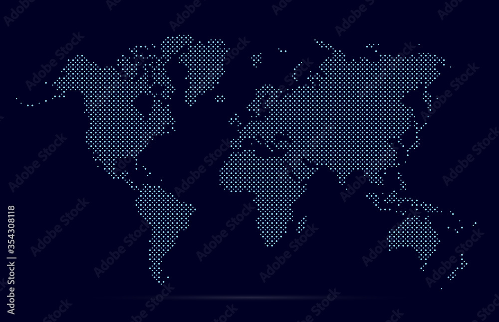 Blue dotted map world. Technology background. Abstract digital dots ...