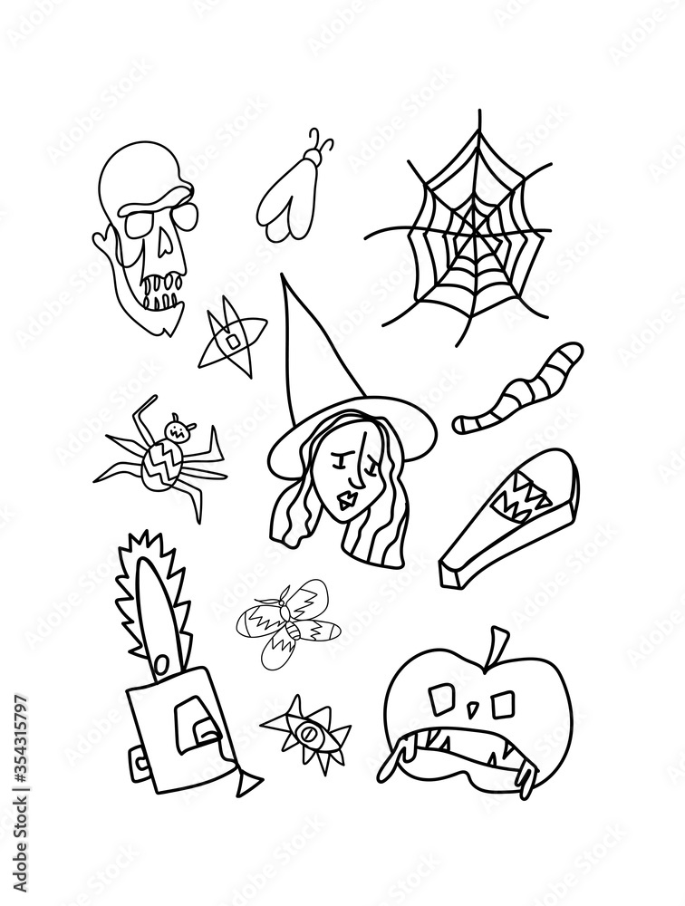 Vector set halloween.Clip art illustrations by the black line doodle ...