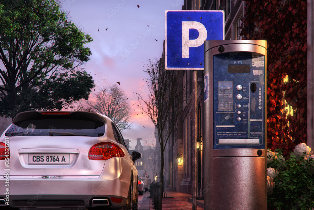 Parking ticket machine meter, cars, parking sign on a city street ...