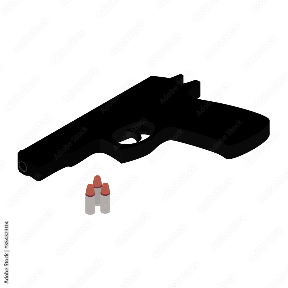 Pistol gun and bullets isometric view isolated on white background ...