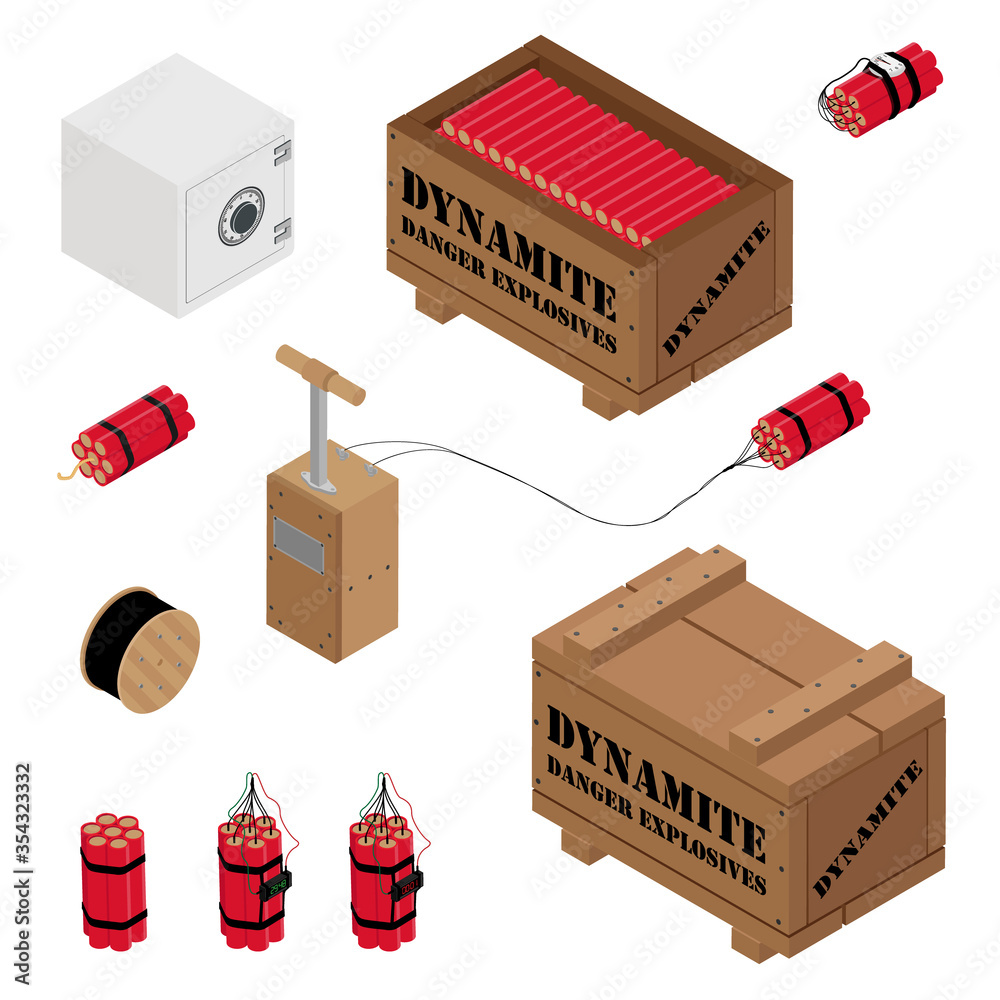 Blasting Machine or detonator box, safe, dynamite sticks and black wire ...