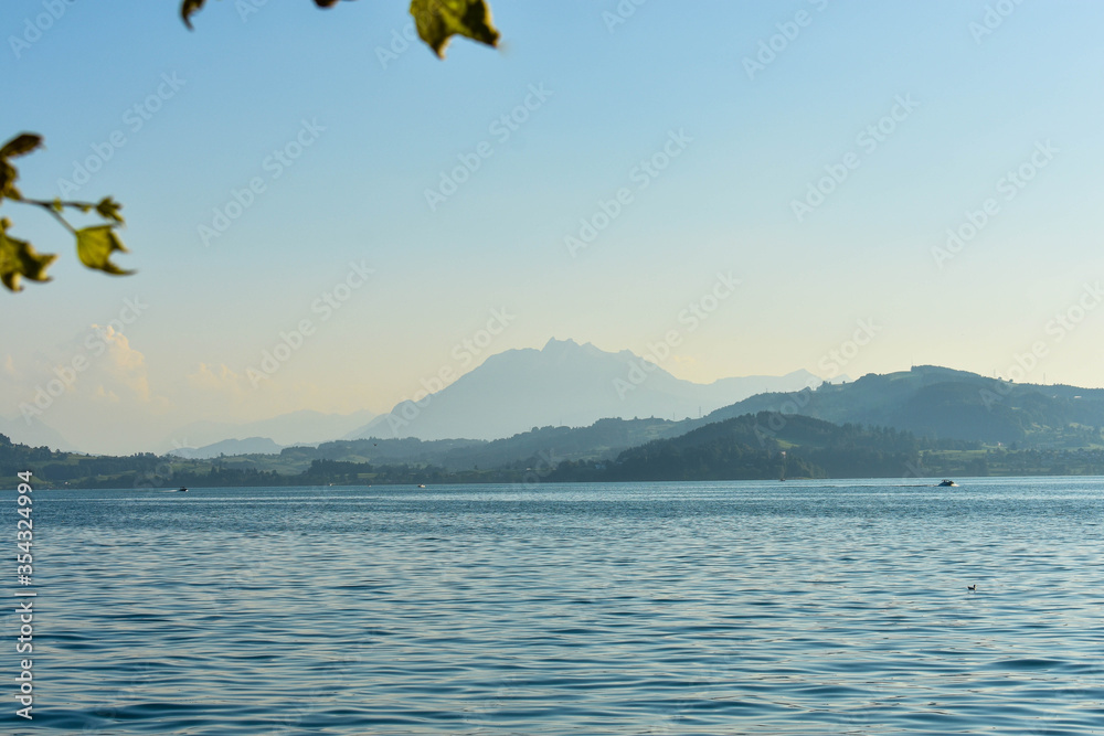 ZUG, SWITZERLAND - August 26, 2019: View of Lake Zug from Zug, no one ...
