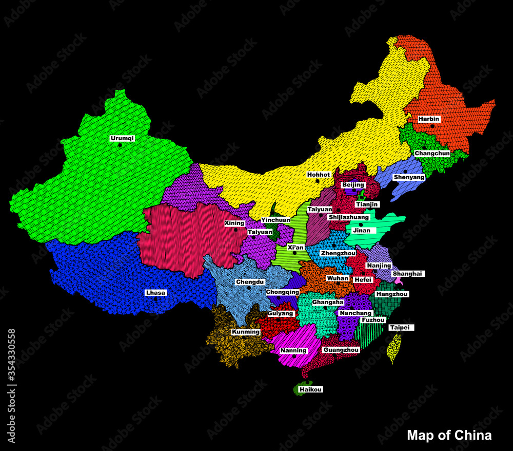 Bright Map of China. map of China graphic illustration on black ...