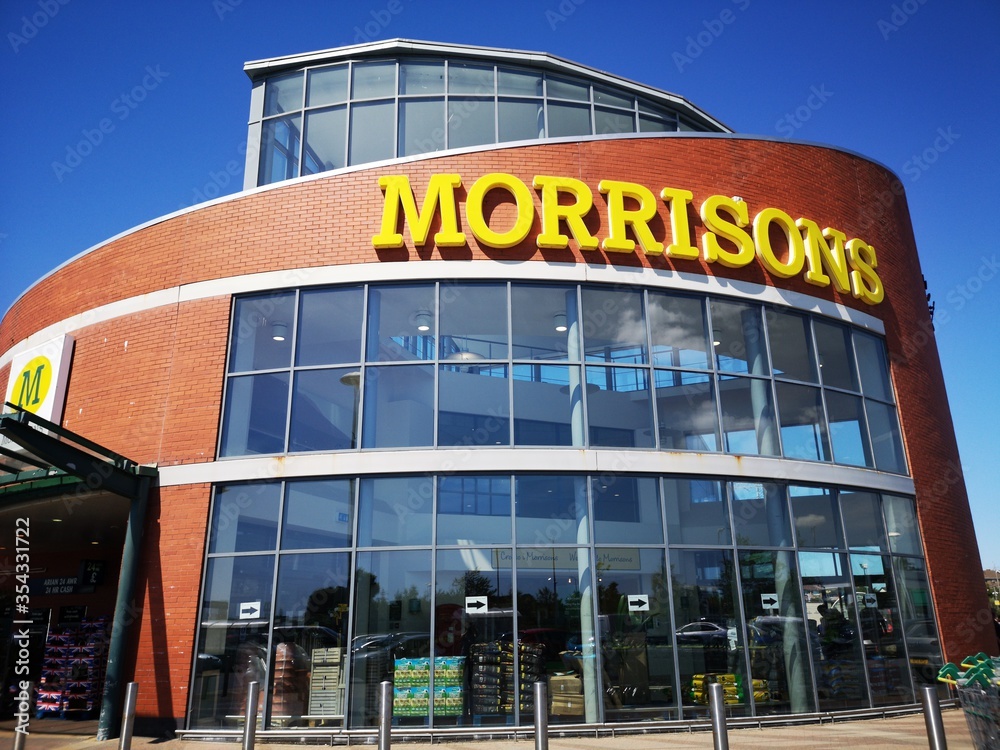 Swansea, UK: June 01, 2020: Main entrance to a Morrisons superstore ...