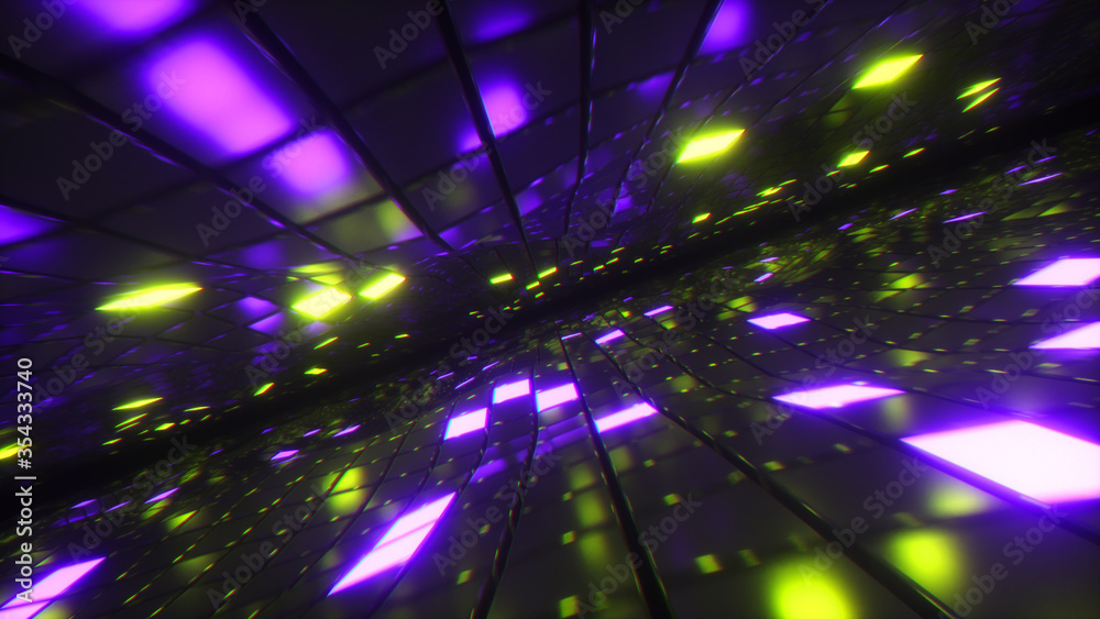 Abstract flying in endless space of neon and metal cubes. Modern yellow ...