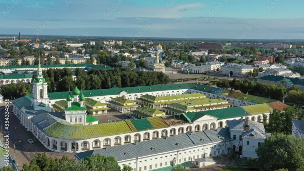 Aerial around view of ancient Gostiny Dvor in old Russian city of ...