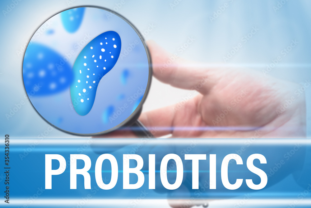 Probiotics. Biological research. Microorganisms under a magnifying ...