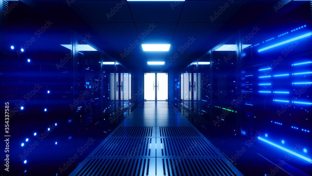Big data servers. Data Solutions. Server room with working flickering ...