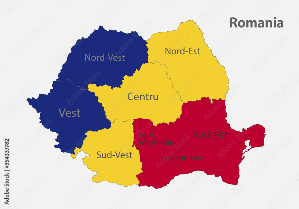 Map of the Romania in the colors of the flag with administrative ...