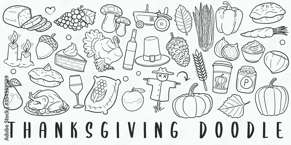 Thanksgiving Autumn Doodle Line Art Illustration. Hand Drawn Vector ...